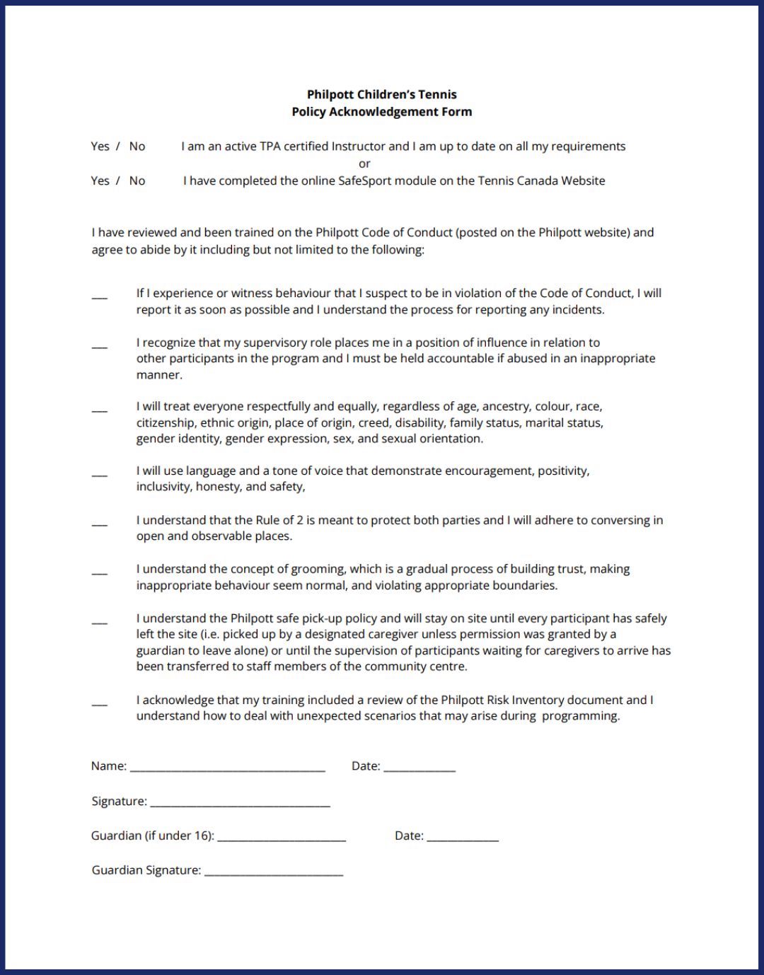 Safe Sport Coach Acknowledgment Form – Philpott Children's Tennis