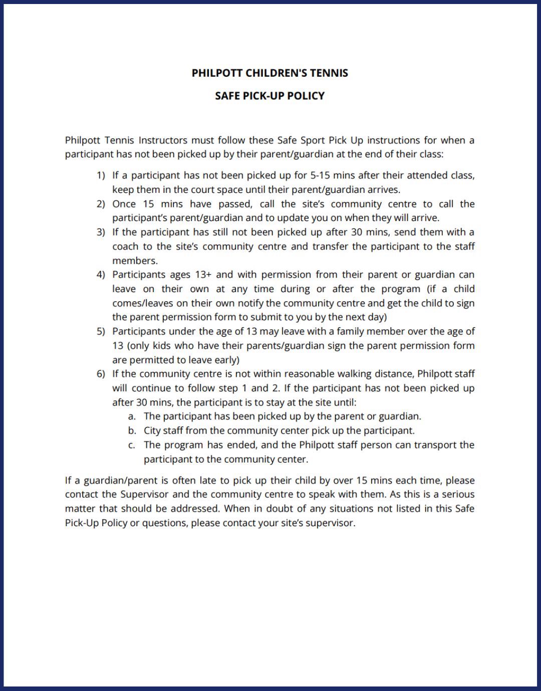 Safe Sport Pick-up Policy – Philpott Children's Tennis